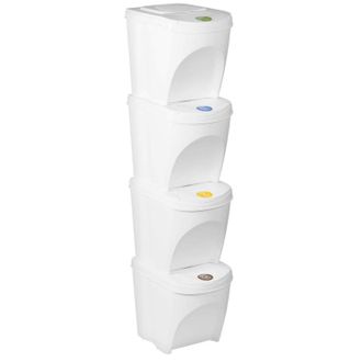 Prosperplast Sortibox 4er Set M&uuml;lleimer Abfalleimer K&uuml;che (80 Liter 4x25L) Papierkorb Beh&auml;lter Abfallsammler M&uuml;lltrenner Sammler Biom&uuml;ll Badeimer (Wei&szlig;)