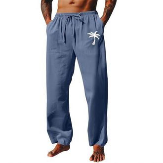 Generic Pantalon de plage en lin pour homme - Imprim&eacute; cocotier - Coupe ample - Pantalon hawa&iuml;en - Jambe droite - Pantalon de vacances - Taille &eacute;lastique - Pan