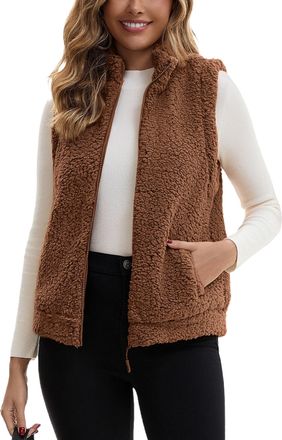 Feoya Teddy Fleece Weste Damen Fleeceweste &Auml;rmellose Herbstmantel Fell Weste Pl&uuml;schweste Warm Teddyjacke Weich Pelzjacke mit Taschen Braun XXL