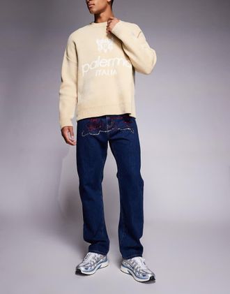 Icecream Jean droit avec logo Running Dog orn&eacute; de strass - Bleu indigo