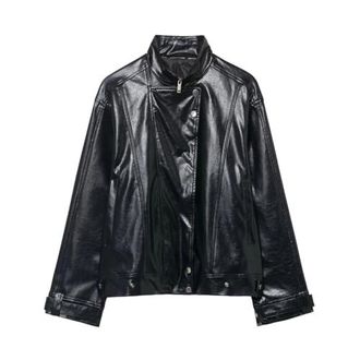 Generic Blouson bomber en cuir synth&eacute;tique pour femme - Noir - Fermeture &eacute;clair - Style d&eacute;contract&eacute;, Noir, S