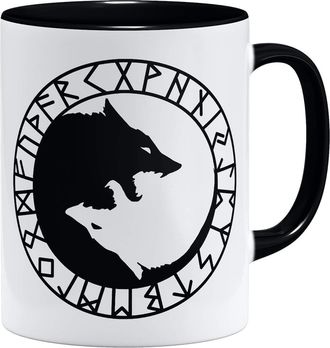 OM3 Runen-Yin-Yang-Wölfe Kaffee-Tasse - Keramik Becher - 11oz 325ml - Vikings Wolves Wikinger Symbol Logo Nordic Warrior - Schwarz