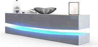 Vladon Lowboard City, Made in Germany, TV-Kommode mit Sockelelement, 1 offenem Fach und 3 Schubk&auml;sten, Wei&szlig; Hochglanz/Grau Hochglanz, inkl. LED-Beleuchtung (
