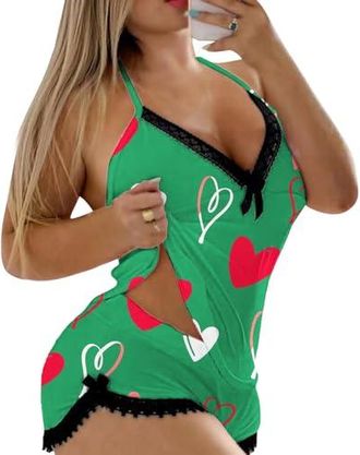 Generic Pyjama 2 pi&egrave;ces en laine double en soie de lait imprim&eacute; col en V pour la Saint-Valentin 2026, Vert, XXL