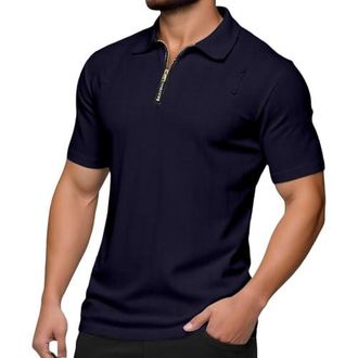 Generic Polo d&eacute;t&eacute; pour homme - Couleur unie - Fermeture &eacute;clair - Manches courtes - Confortable, Marine, 3XL