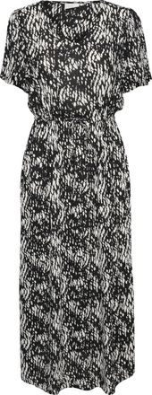 Kaffe Damen Maxikleid mit kurzen Ärmeln, V-Ausschnitt, lässig, mit Kordelzug Kleid, Black/White Graphic Snake, 44