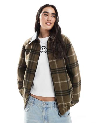 Asos Bomber habillé à carreaux avec col en imitation cuir - Kaki-Vert