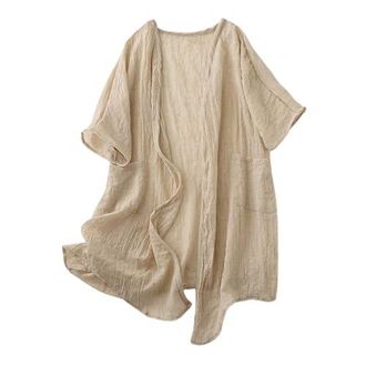 Generic Cardigan en coton et lin pour femme, coupe ample, manches courtes, d&eacute;contract&eacute;, l&eacute;ger, doux et respirant, chemisiers de plage avec poches, kaki, XXL