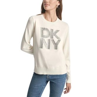 DKNY Dkny, Femme, Pulls, Beige, Taille: 40 FR Stacked Rhinestone Logo Long Sleeve Crew Neck