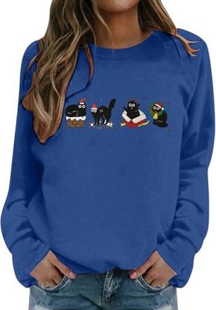 Generic Sweat-shirt de Noël à manches longues et col rond pour femme - Coupe ample - Confortable - Joli pull amusant et tendance, C - Bleu., L