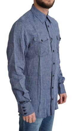 Dolce & Gabbana Blue Stripes Men Casual Button Down Shirt Linen