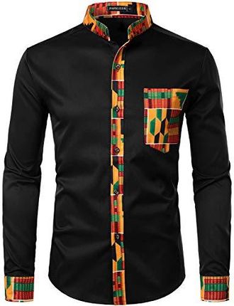 PARKLEES Chemise africaine à manches longues pour homme avec imprimé imprimé patchwork tribal dashiki, Pzzcl46-noir, XXL