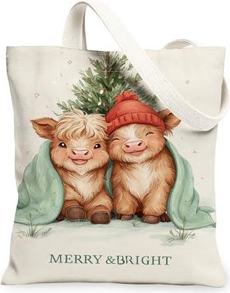 Generic Sacs fourre-tout en toile avec motif de vache mignonne, motif vacances joyeuses, sacs d&eacute;picerie r&eacute;utilisables, l&eacute;gers et lavables avec bandouli&egrave;re, bl