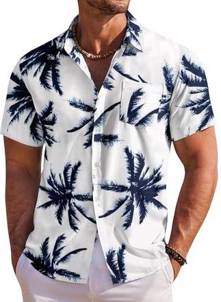 Coofandy Chemise Hawaienne à Manches Courtes pour Homme Hawaii Holiday Shirts Chemise dété Chemises Décontractées de Plage Blanc/Feuille de Palmier 4XL