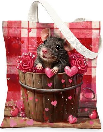 Generic Sac fourre-tout en toile avec motif rat et souris pour le shopping, 33 x 38 cm, sac d&eacute;picerie r&eacute;utilisable pour la Saint-Valentin, sac d&eacute;picerie pour 
