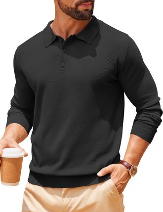 Coofandy Polo Pullover Herren Langarm Poloshirt Business Strickpullover D&uuml;nn Winter Warm Strickpulli Mit Polokragen Einfarbig Sweatshirt Schwarz XXXL