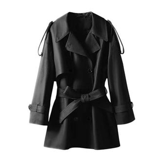 Generic Veste en cuir v&eacute;ritable pour femme - Automne Hiver Peau de Mouton Double Boutonnage Ceinture Trench Coat D&eacute;contract&eacute; Mi-long, Noir, S