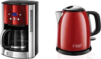 Russell Hobbs Machine à Café, Cafetière Filtre 1,8L Inox, 12 Tasses, Programmable, Auto-Nettoyante - Rouge 23240-56 Luna & Bouilloire Compacte 1L, Ebullition Rapide