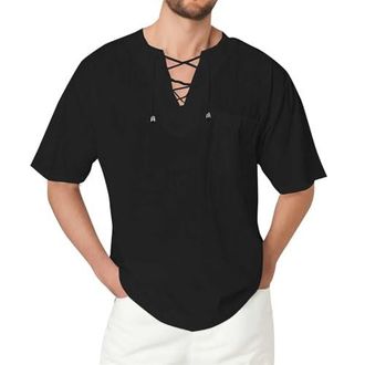Generic Chemise dentra&icirc;nement en coton et lin pour homme - Chemise d&eacute;contract&eacute;e &agrave; manches courtes - Tunique respirante, Noir, 3XL