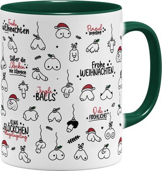 OM3 Lustige Jingle Balls Weihnachts Kaffee-Tasse mit Penisse - Pimmel Tasse Penis-Muster Doodle - Keramik Becher - 325ml - Beidseitig Bedruckt - Gr&uuml;n