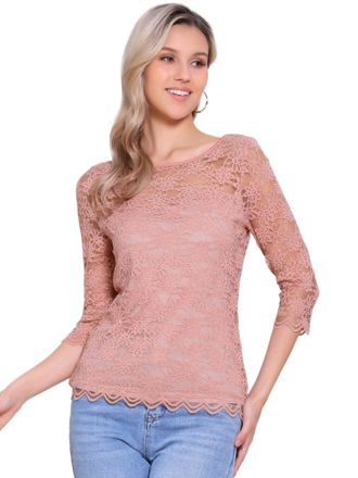 Allegra K Damen Top mit Blumen Spitzen 3/4-&Auml;rmel Rundhals L&auml;ssig Elegant Spitzenbluse Rosa XL