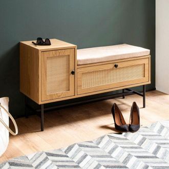 M&S Collection Banc à chaussures 1 porte 1 tiroir 100x38x60 cm effet chêne et rotin