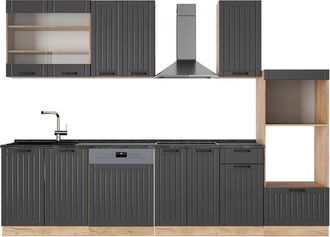 Vicco Küchenzeile Fame-Line, Dunkelgrau, 300 cm mit Hochschrank, ohne Arbeitsplatte