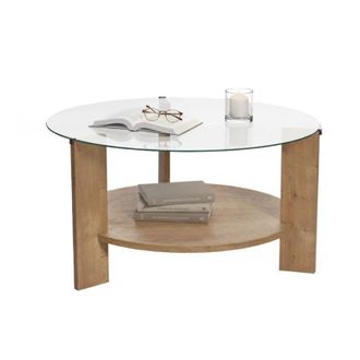 Dmora Coffeetisch Canevino, Rundform, Glasplatte, Klarglas, 75x75x40h cm, Eiche Braun