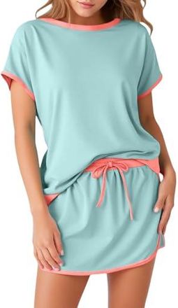 Generic Ensemble de salon 2 pi&egrave;ces pour femme avec jupe et jupe aux couleurs contrast&eacute;es, ensemble t-shirt et jupe, ensemble de surv&ecirc;tement d&eacute;t&eacute; assorti, bleu