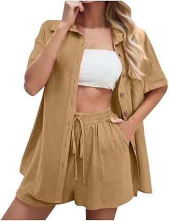 Generic Ensemble 2 pi&egrave;ces pour femme, v&ecirc;tements de d&eacute;tente, chemises surdimensionn&eacute;es et shorts assorties, tenue d&eacute;t&eacute; 2026, kaki, S