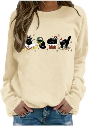 Generic Pulls de No&euml;l Pulls Chat de No&euml;l Sweatshirts Chat Noir Lumi&egrave;res de No&euml;l Chemise Col Rond Pull de Vacances Pull Sweater &agrave; Manches Longues Chemisier Col
