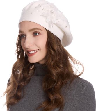 ZLYC Damen-Barettm&uuml;tze, wendbar, einfarbig, Kaschmir-Mosaik, warme Baskenm&uuml;tze, Blumenanh&auml;nger wei&szlig;, Einheitsgr&ouml;&szlig;e