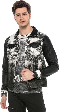 Cipo & Baxx Herren Hybrid-Denimjacke CJ-252 Schwarz - Wald & Silhouette Stil Druck, Sport Verschiedene Jackenmodelle - Sweat-Kapuze und Sweat&auml;rmeln - mit Modernen