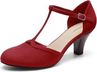 Dream Pairs Escarpins Femme Petit Talon &agrave; Lani&egrave;re T, Chaussures R&eacute;tro &Eacute;l&eacute;gantes et Confortables pour Soir&eacute;e, Mariage et Occasions Formelles,Size 40,Rouge,SDPU2600