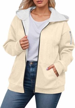 Generic 2026 Vestes &agrave; capuche &agrave; fermeture &eacute;clair pour femme - Manches longues - Veste l&eacute;g&egrave;re d&eacute;contract&eacute;e 2025, beige, XXL