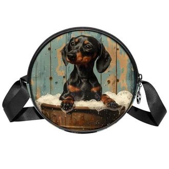 Generic Petit sac &agrave; bandouli&egrave;re rond pour femme, motif teckel avec fermeture &eacute;clair, bretelles r&eacute;glables, sac &agrave; main rond d&eacute;contract&eacute; pour femmes et filles