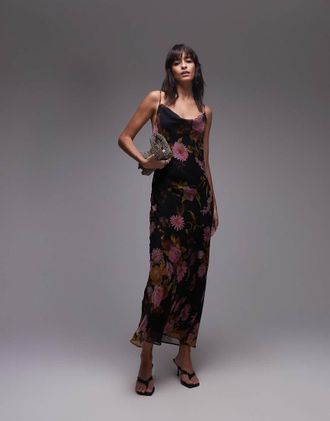 Topshop Midi-Trägerkleid in Rosa und Limettengrün geblümt mit Wasserfallausschnitt und verdrehtem Design am Rücken-Bunt