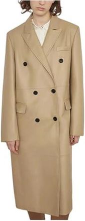 Generic Trench en peau de mouton v&eacute;ritable pour femme - Veste longue en cuir kaki &agrave; revers crant&eacute; dautomne &agrave; double boutonnage, kaki, S