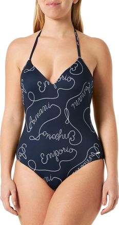 Emporio Armani Womens Logomania Padded One Piece Swimsuit, Marine/White, S