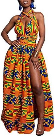 OLIPHEE Robe Femme Imprimer lâche Grande Taille Afrique sans Manches Une épaule De Multiples Façons De Porter(S, Géométrie Jaune et Bleue)