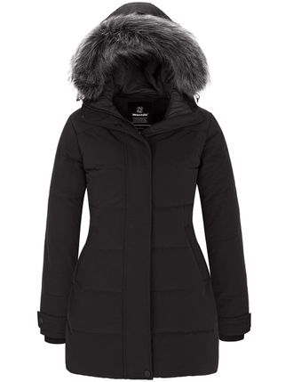 Wantdo Damen Lange Wintermantel Verdicken Puffer Jacke mit Kunstpelz Kapuze Quilted Gesteppt Mantel Schwarz XL