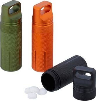 Relaxdays wasserdichte Kapsel, 3er Set, Pillendose Schlüsselanhänger, für unterwegs, Aluminium, HxD: 9,5 x 3 cm, bunt