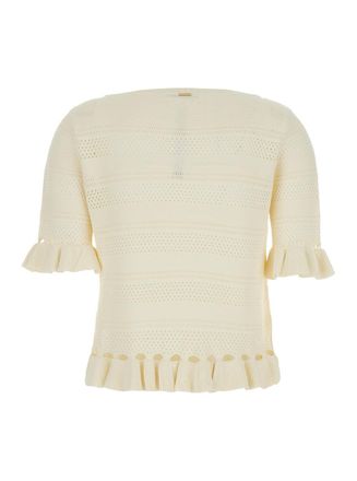 Twinset Womens Sweater With Ruffles, Wool-Blend White Viscose Tops Top