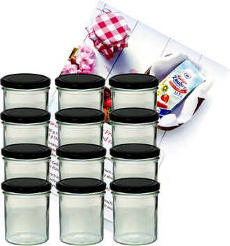 MamboCat 12er Set Sturzglas 350 ml Marmeladenglas Einmachglas Einweckglas to 82 schwarzer Deckel incl. Diamant-Zucker Gelierzauber Rezeptheft
