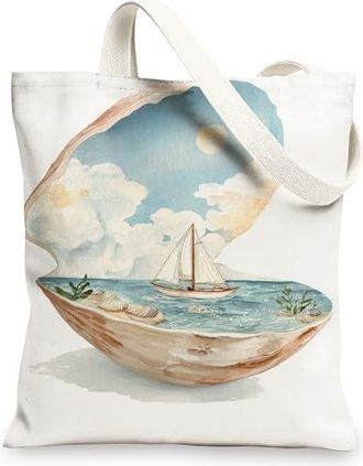 Generic Sacs fourre-tout en toile de coquillage docéan, sacs de courses légers et réutilisables, style plage artistique, sacs en toile écologique pour voyage,