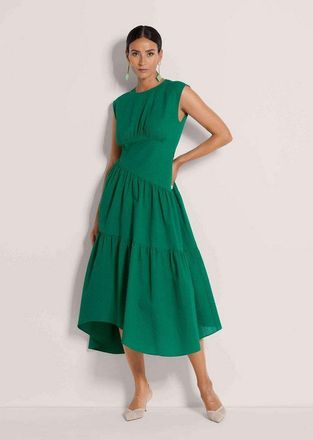 Madeleine Maxikleid Baumwollkleid mit Stufenrock Sommerkleid mit Rundhals, Wadenl&auml;nge und &uuml;berschnittenen Schultern
