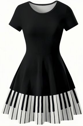 Ocean Plus Damen Casual Sternenhimmel Digitaldruck A-Linien Kurzarmkleid mit Rundhalsausschnitt Kurzärmliges Kleid Swingrock (XL (EU 38-40), Klavier)