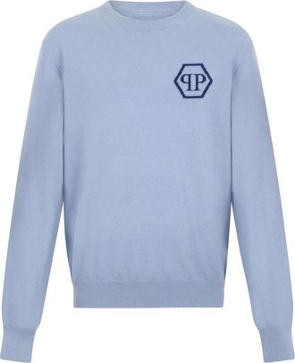 Philipp Plein Homme, Pulls, Bleu, Taille: 5XL Cashmere Roundneck Pullover Jacquard Hexagon