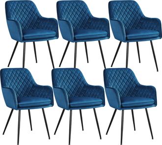 Yaheetech Esszimmerstühle 6er Set Küchenstühle, Polsterstühle mit Armlehnen Metallbeine, Seesel aus Samtstoff für Arbeitszimmer/Wohnzimmer, Blau