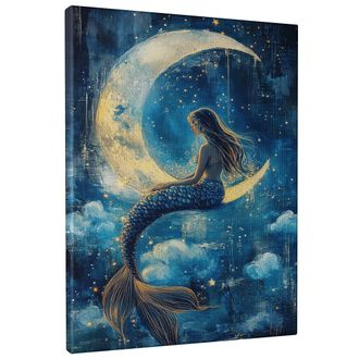 Generic Moonlight Meerjungfrau Leinwand-Kunst, blauer himmlischer Ozean, Fantasie-Kunst f&uuml;r Wohnzimmer, Schlafzimmer, Kinderzimmer, ungerahmt, 40,6 x 50,8 cm